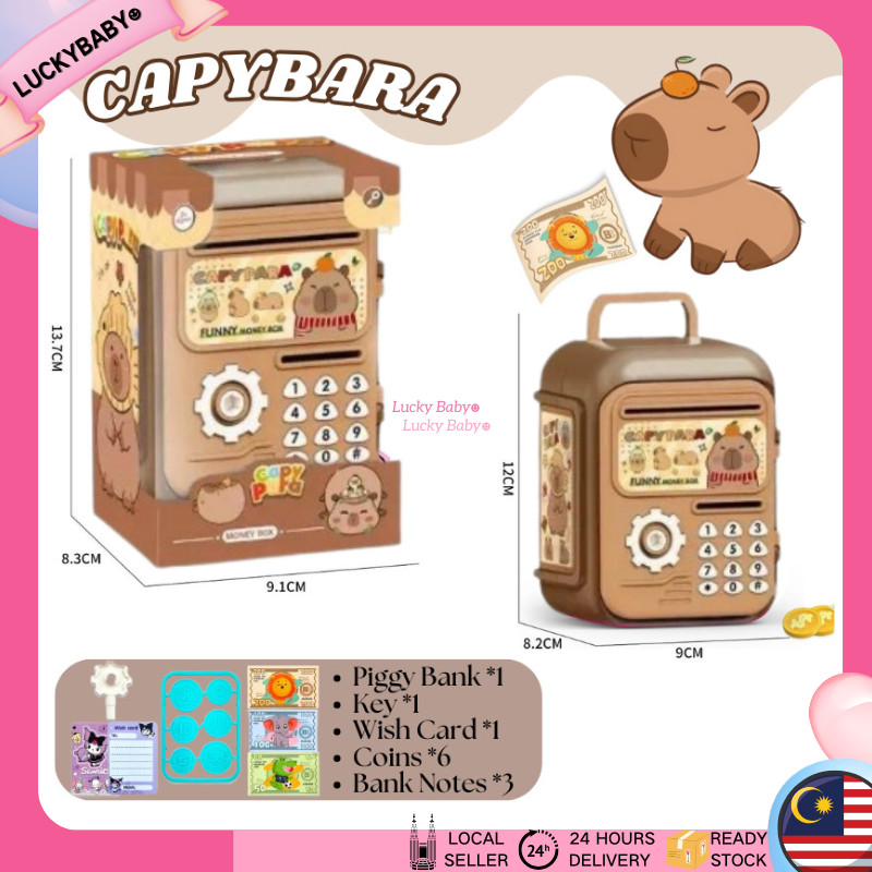 Kids Money Saving Box Capybara Piggy Bank with Key Lock Tabung Duit ...