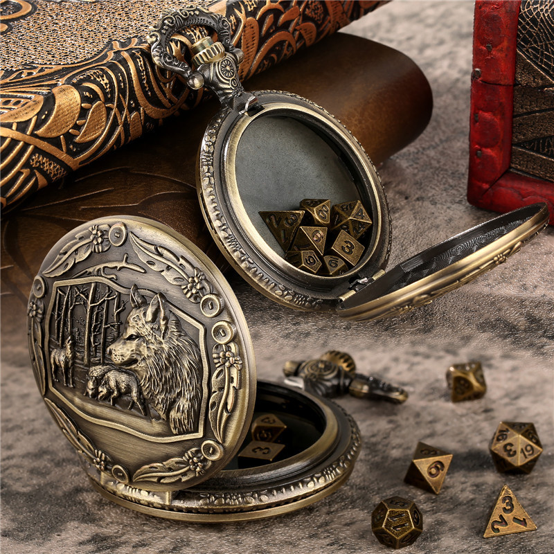 7 X Metal Polyhedral Dice Wolf Pocket Watch Case Role Play Game Dices ...