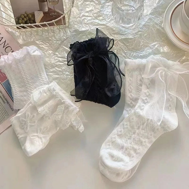 Sweet Lolita Lace Bow knot Middle Tube Socks Girls Black White Korean ...