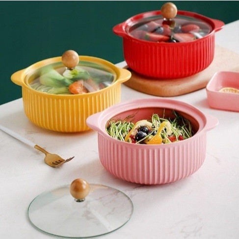 Nordic Ceramic Hot Pot With Glass Lid Cover Microwave Oven Baking Cook ...
