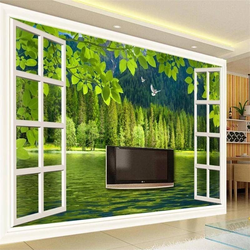 Custom Green Forest Lake Fake Window Landscape Photo Mural Wallpaper ...