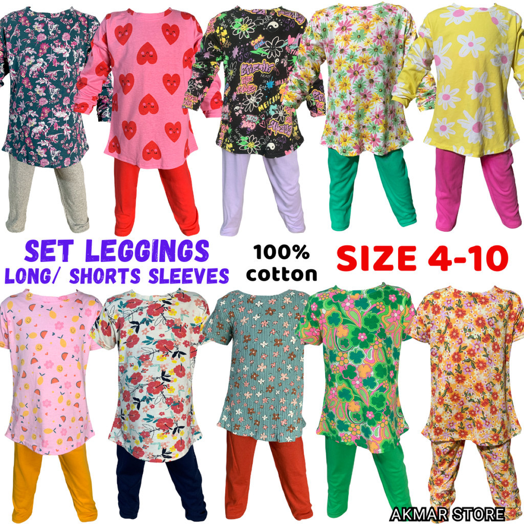 SET BAJU LEGGINGS BUDAK PEREMPUAN, SIZE 4-10, 100% COTTON, GIRL'S ...