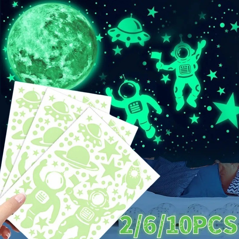 2/6/10Pcs Luminous Astronaut Star Moon Wall Stickers - Glow In The Dark ...