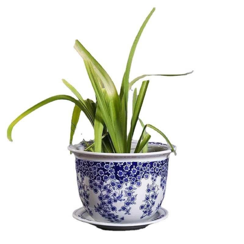 Periuk Bunga Porselin Biru dan Putih Seramik Jingdezhen dengan Dulang ...