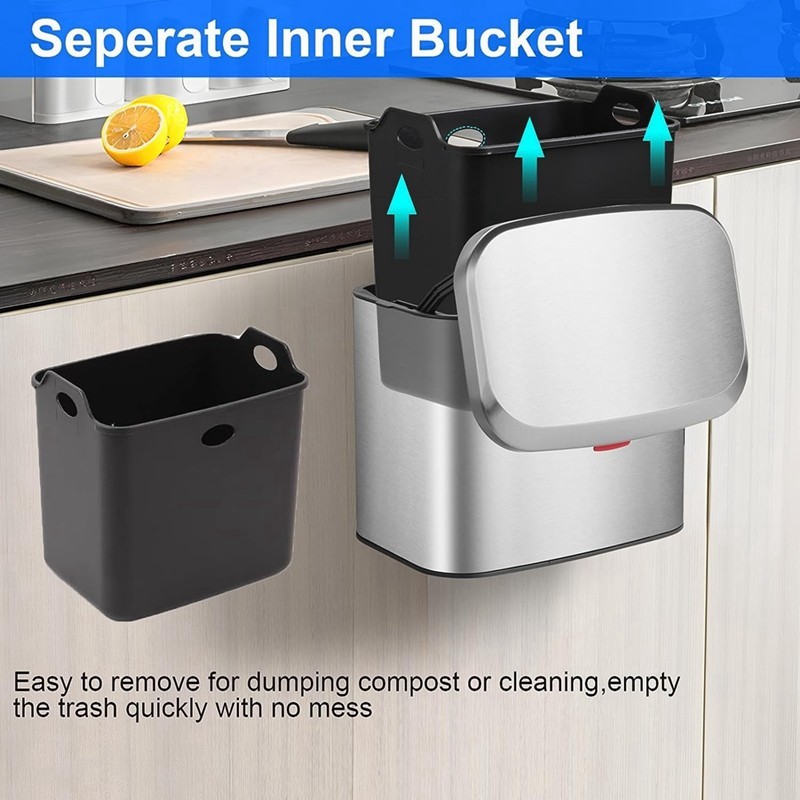 Hanging Stainless Steel Compost Bin 1.05 Gallon Wall Mounted Trash Can ...