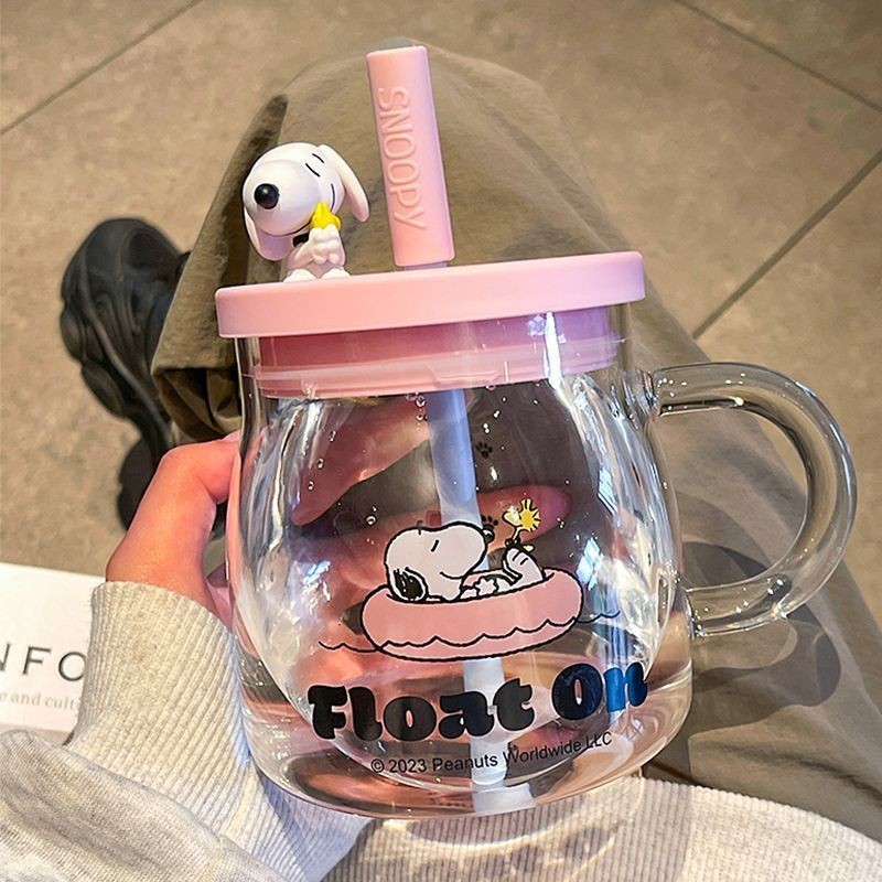 850ml Snoopy Water Cup with Straw Big Belly Glass Cup High Temperature ...
