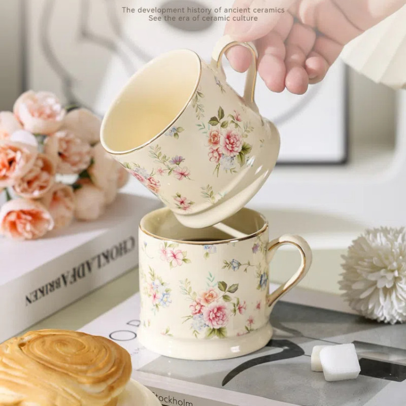 European Gilded Ceramic Coffee Cup Flower/Cherry Afternoon Tea Cup ...