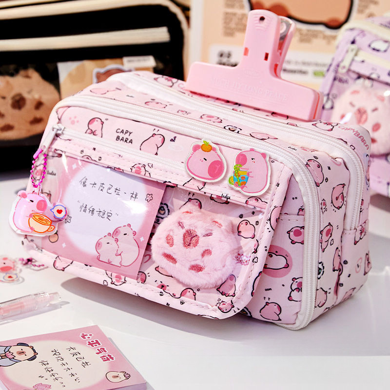 Beg pensil capybara merah jambu, beg pensel berbilang lapisan kanvas ...