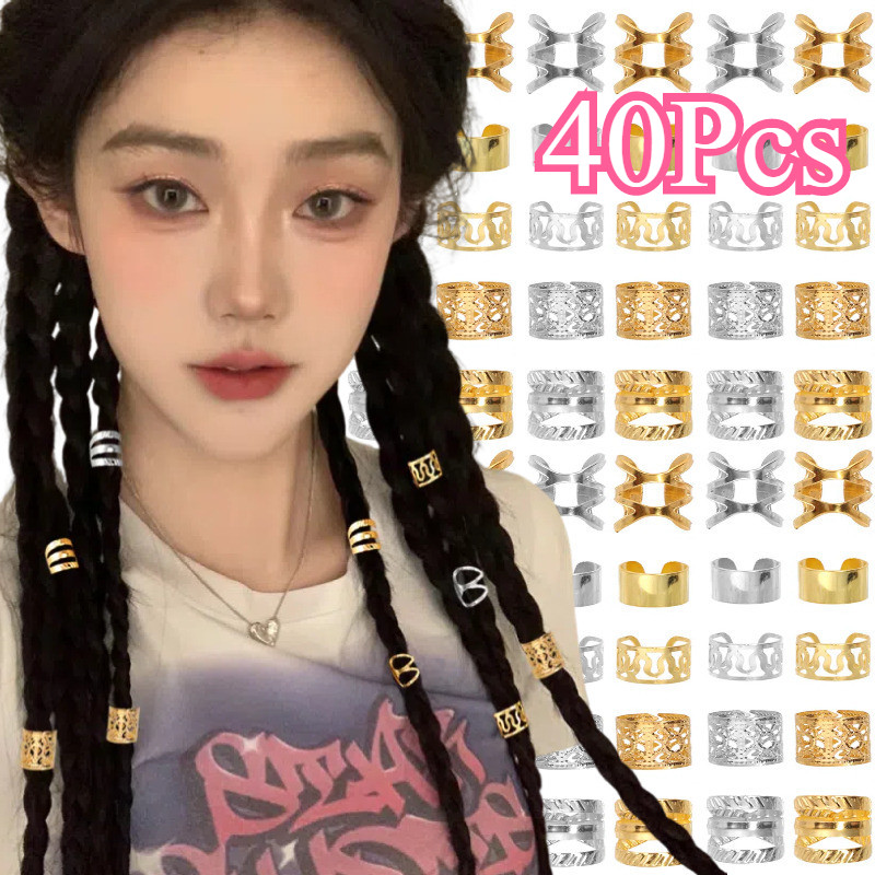 40Pcs Y2K Punk Gold Silver Dreadlocks Hair Rings- Adjustable Hollow Out ...