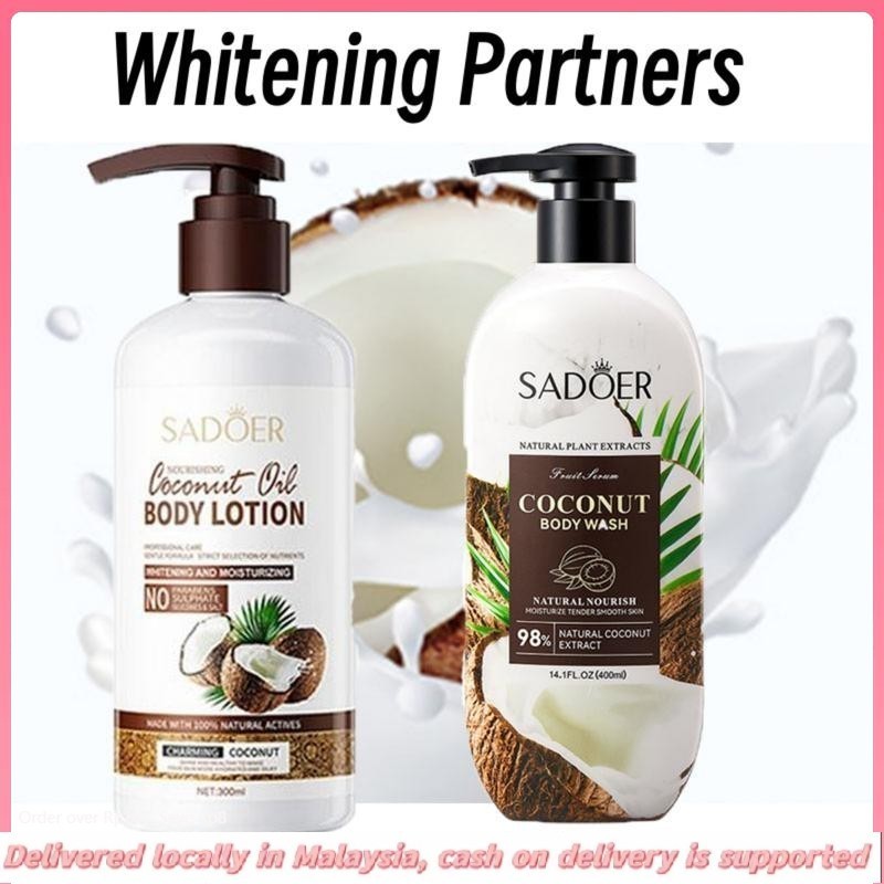 SADOER 2-in-1 Coconut Whitening Body Lotion 250g+520ml Coconut Whitening Body Wash Whitening ...