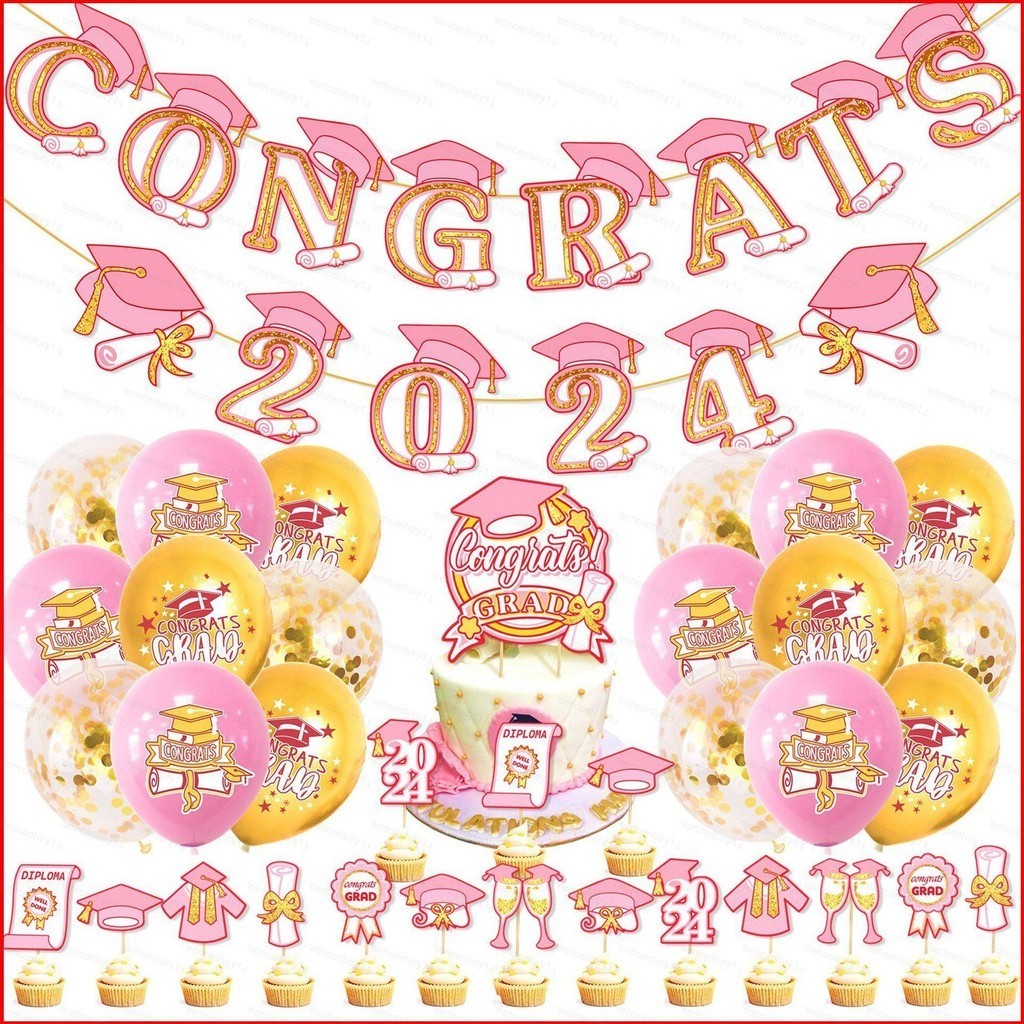 YS 2024 Graduation themed decoration celebrate happy party banner garland balloon caketopper ...