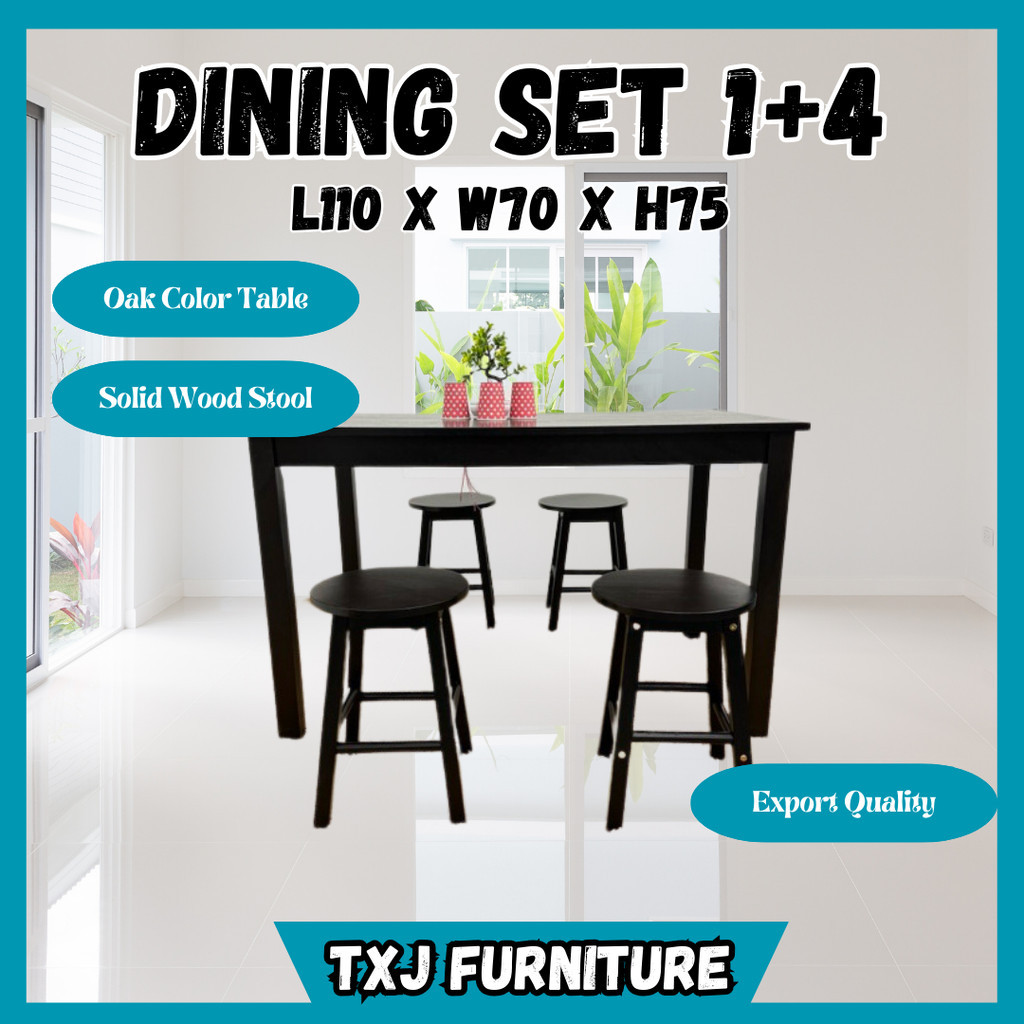 TXJ - Solid Wood Kopitiam Dining table Set 4 Round Stools Meja Makan ...