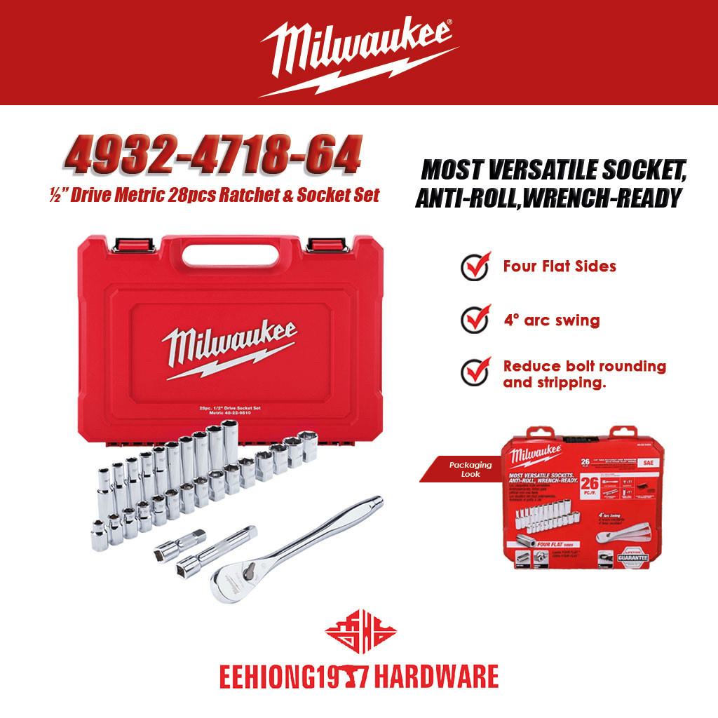 MILWAUKEE 4932-4718-64 ½” Drive Metric 28pcs Ratchet & Socket Set FOUR FLAT Sides Stamped socket ...