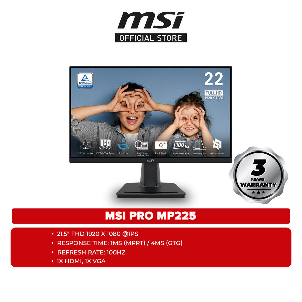 MSI Pro MP225/MP225V 21.5" FHD 100Hz Flat Monitor (HDMI, VGA, 3Yrs ...