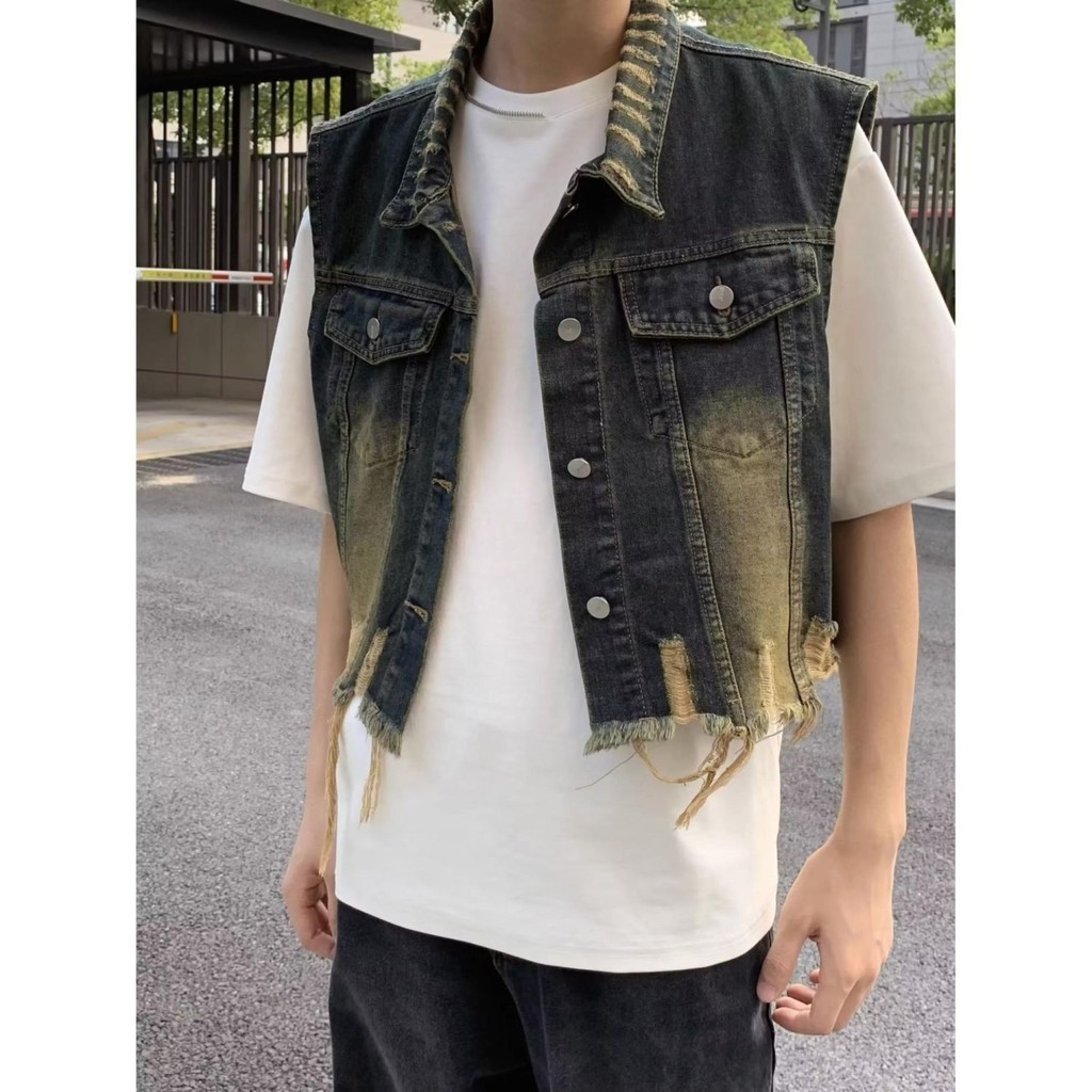 Denim Vest Men's Thin Bust Vest 2024 Design Feel Short Frayed Jacket ...