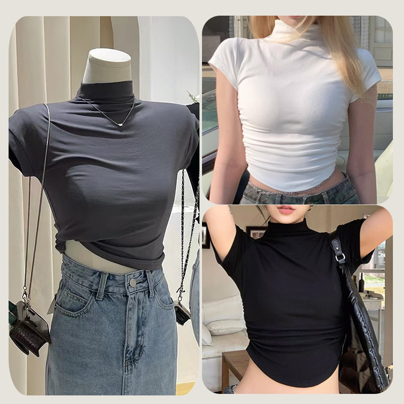 【READY STOCK】 CherryShop⭐Cropped top tight high collar solid color ...