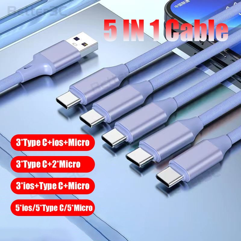 66W Woven Fast Charging Data Cable 5 In 1 Fast Charging Cable 1.5M USB ...