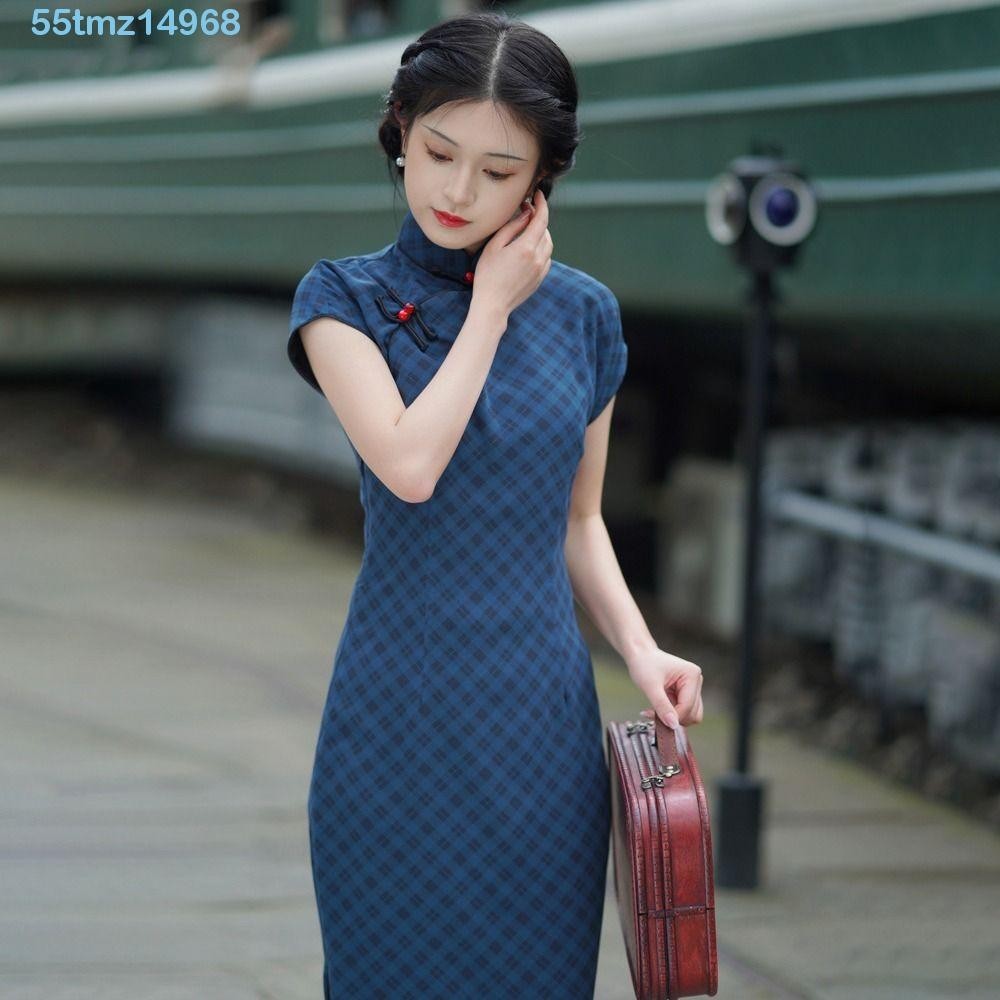 TMZ1 Chinese Vintage Cheongsam, Navy Blue Chinese Style Bodycon Short ...