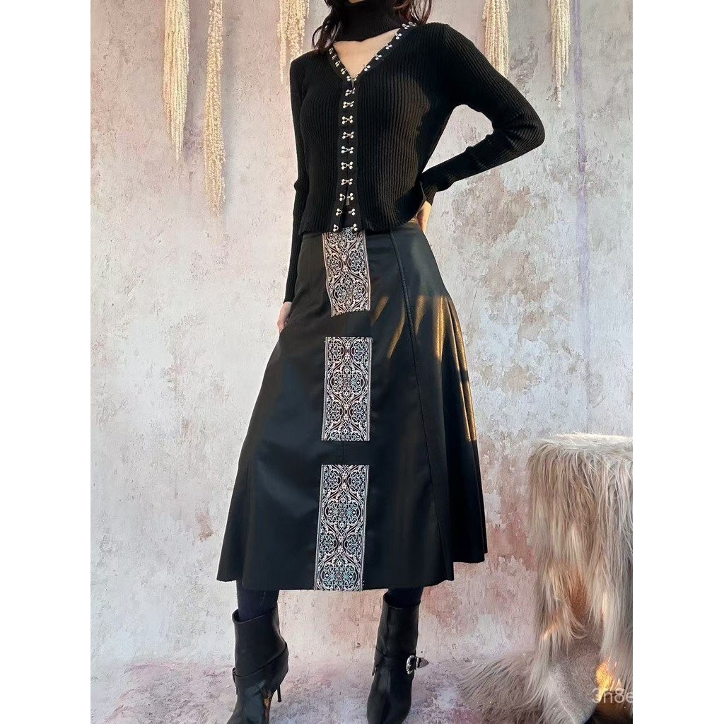 ANTIMOON Skirt A-line Kulit Tiruan Corak Jacquard Etnik Gaya Cina ...