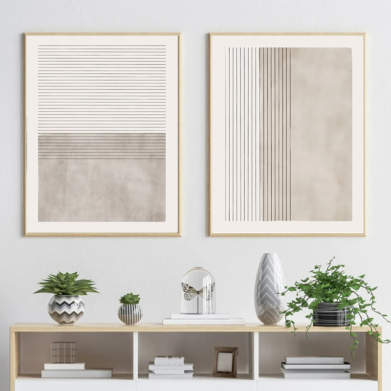 2pcs Abstract Beige Gray Posters Print Pictures Nordic Minimalist Line ...