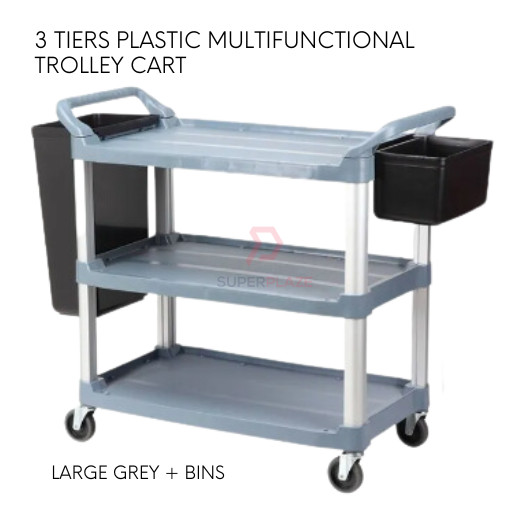Large Grey Plus Bins 3 Tiers Plastic Multifunctional Cart Food Court ...