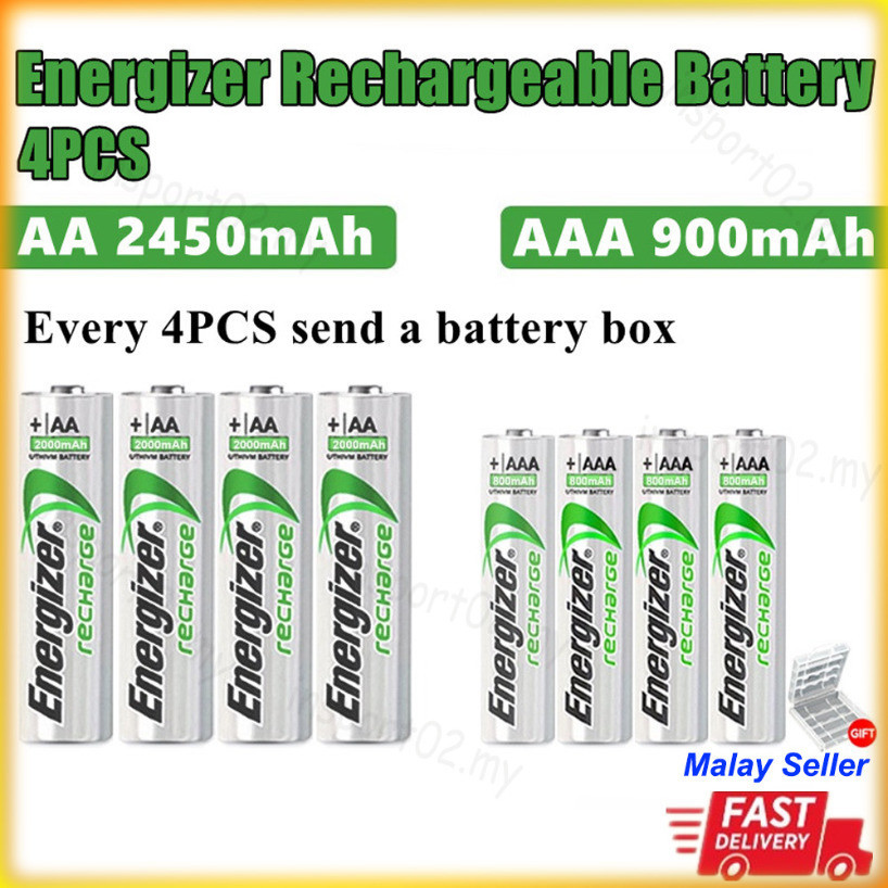 【4PCS】900mAh 2450mAh Energizer AA/AAA Rechargeable Battery with Storage ...