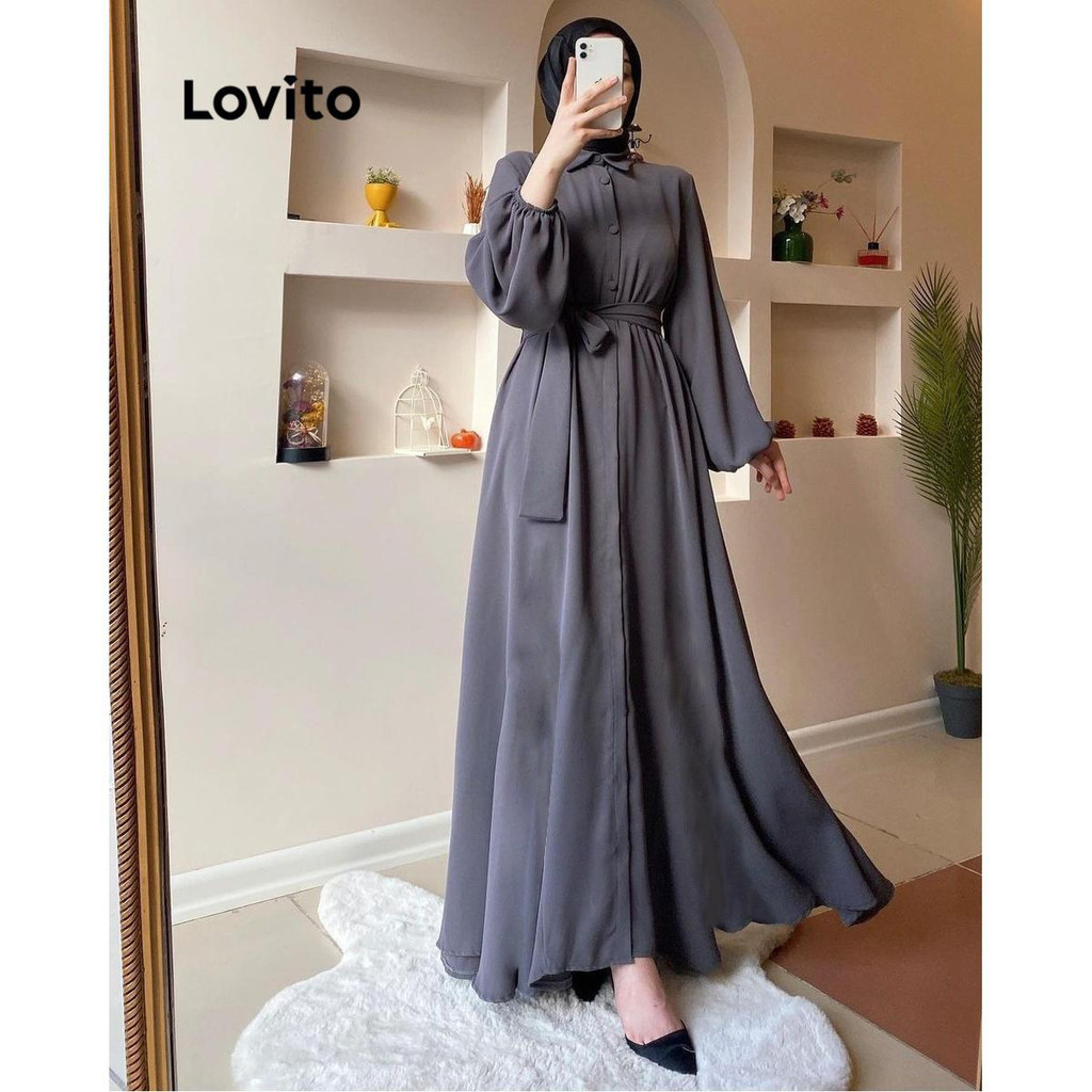 Lovito Modest Plain Structure Line Women Muslim Dresses for Women ...