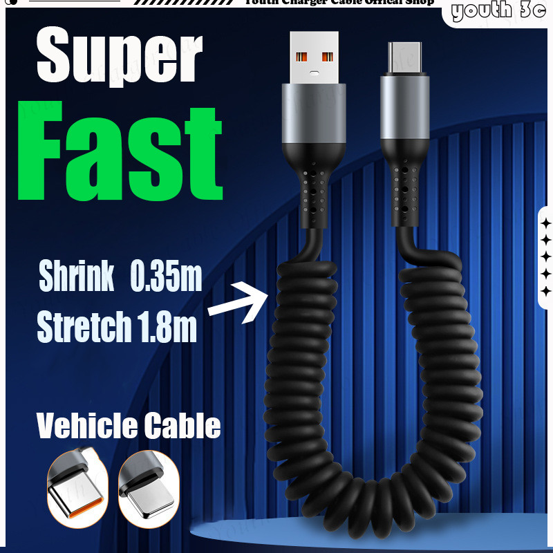 U-Coil Spring Extendable Retractable 100W Cable ios C Type 1.8M USB A ...