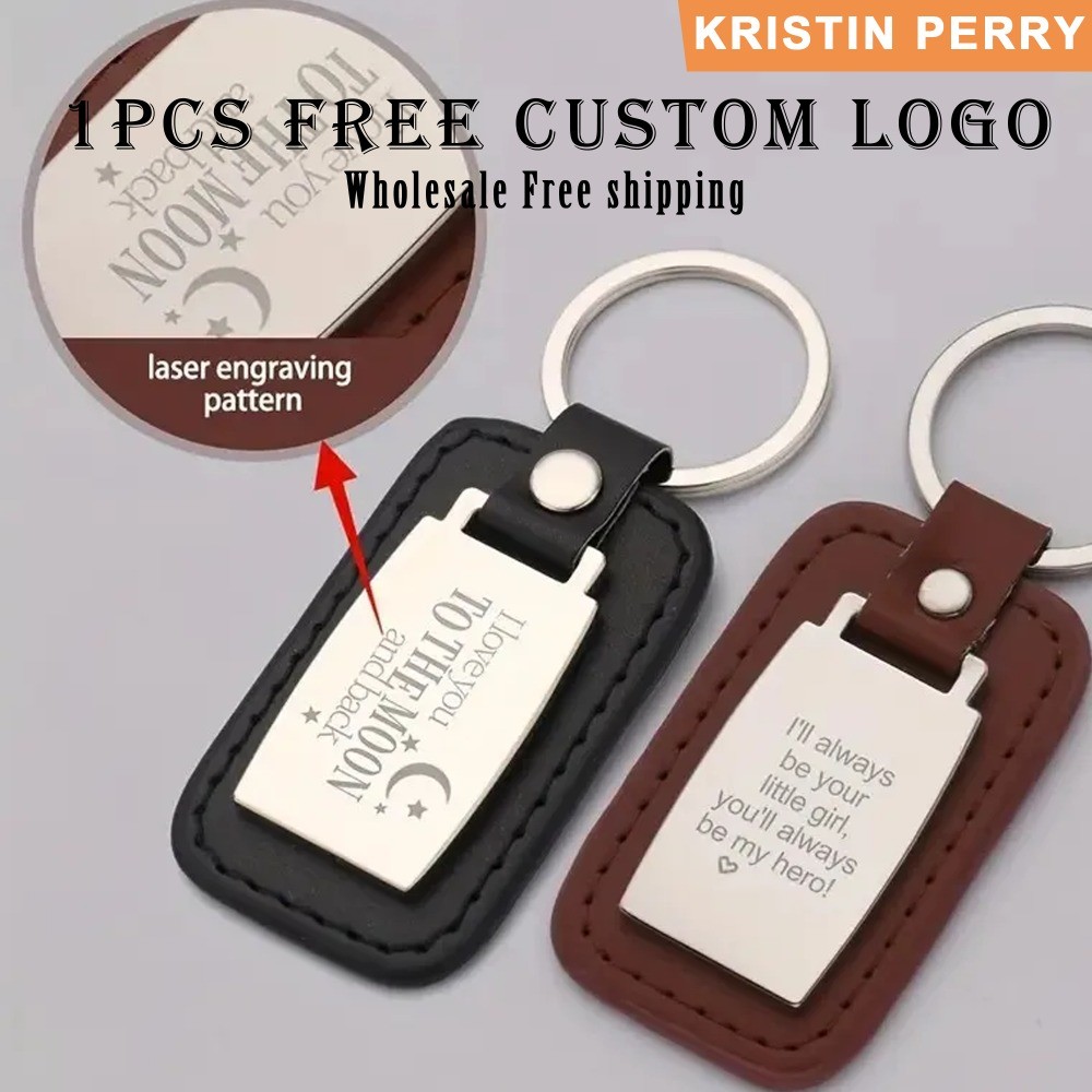 1PCS Free Engraving Metal Leather KeyChains Custom LOGO Keyring ...