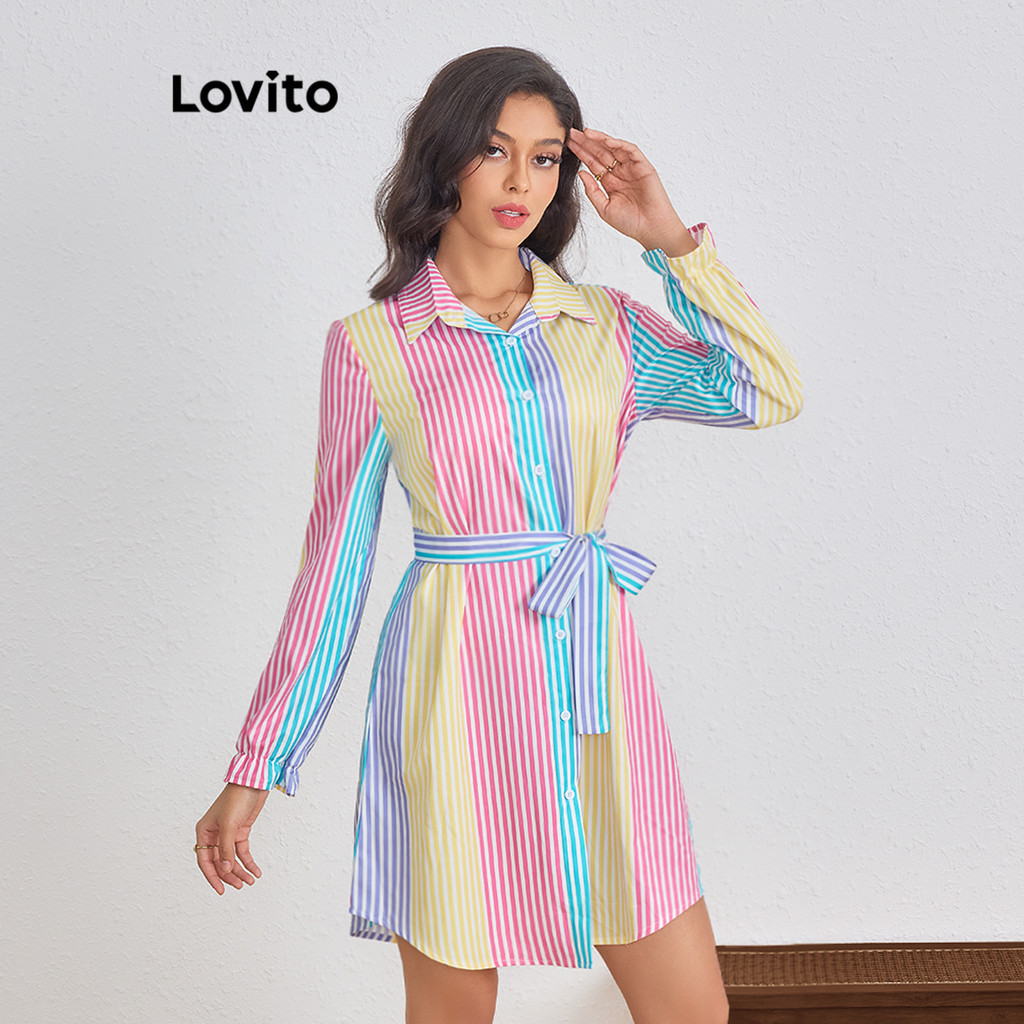 Lovito Casual Striped Belted Round Button Front Dress for Women ...