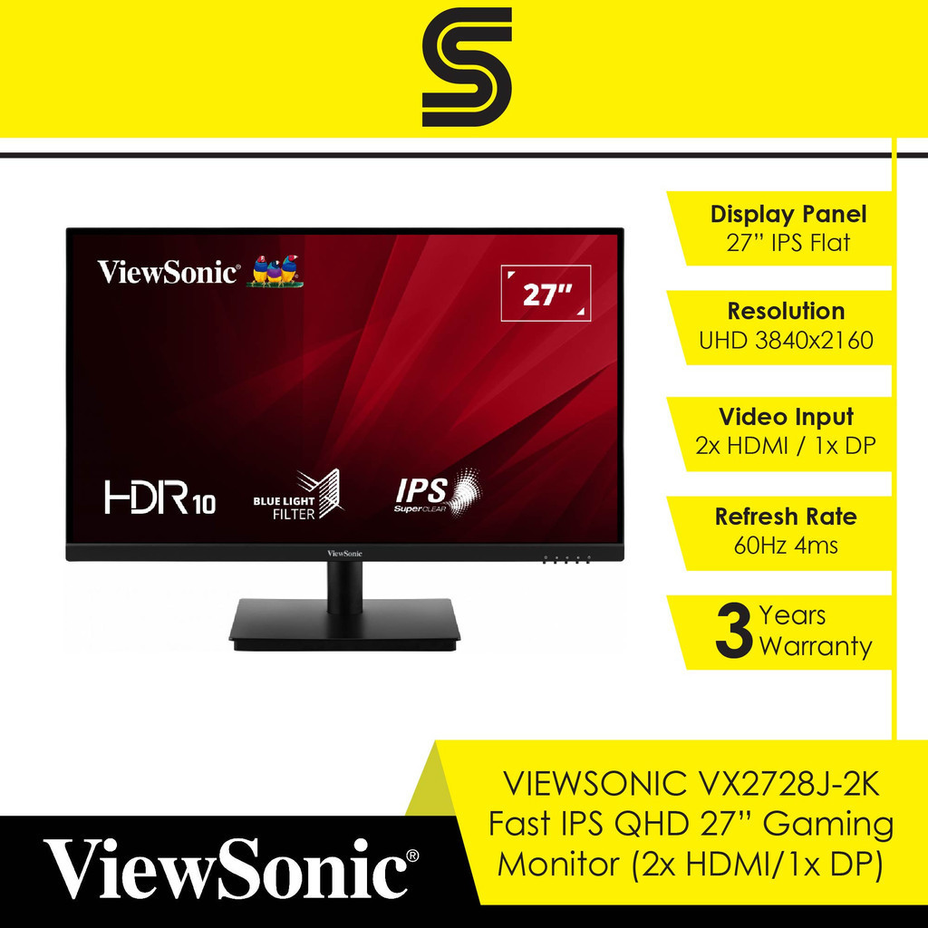 VIEWSONIC VA2762-4K UHD 27" IPS Monitor (60Hz/4ms/2x HDMI /1x DP/VESA ...