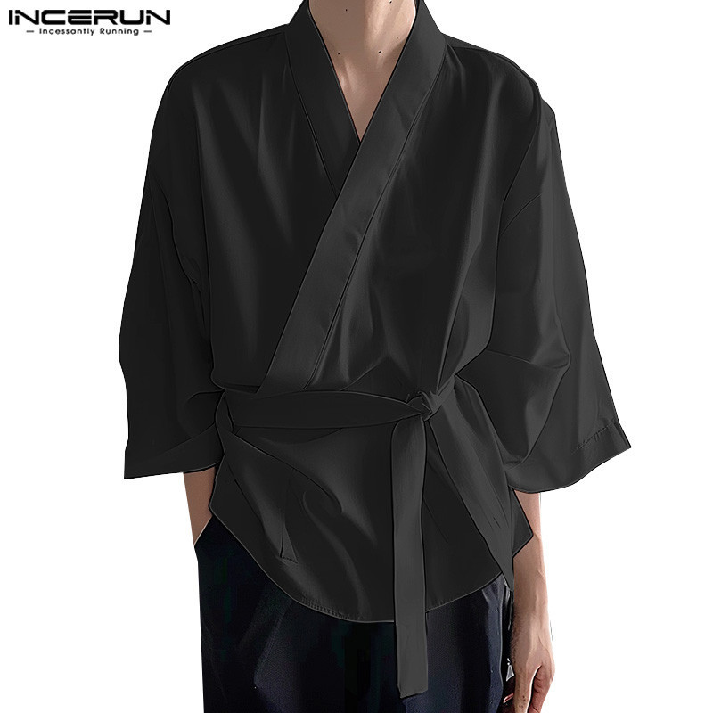 INCERUN Men Korean Casual Slant Placket V-Neck Strap Design Kimonos ...