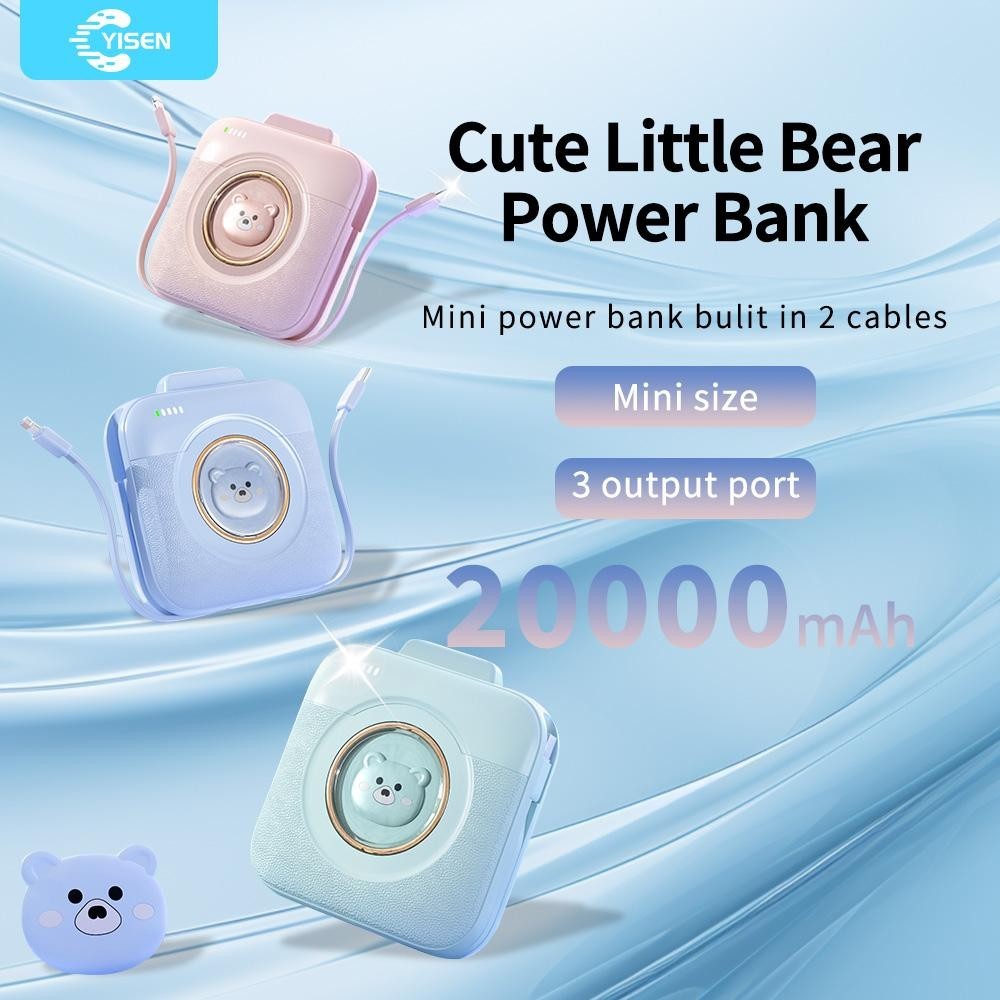 Cute Bear 20000mAh Mini PowerBank Built in 2 Cables Portable Design Led ...