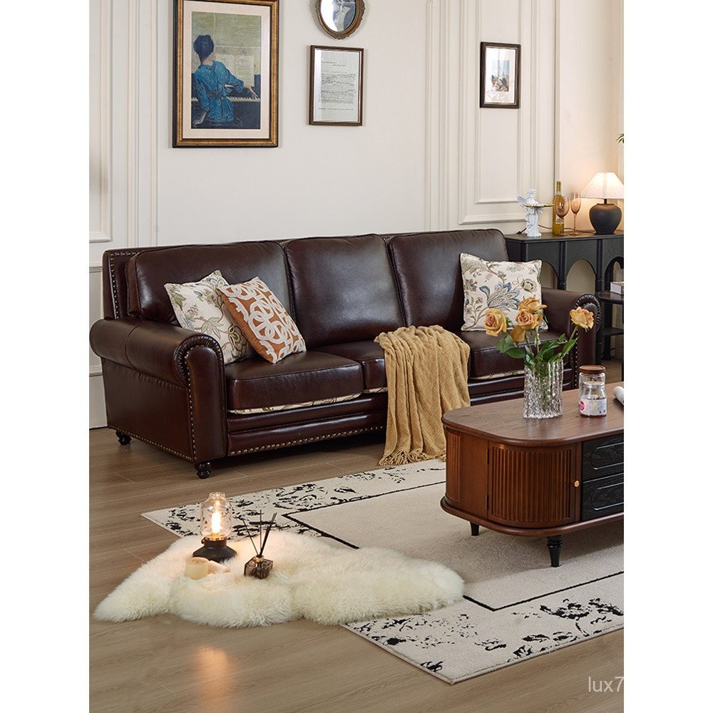 Sofa Gaya Amerika Butang Besar Minyak Coklat Kulit Lilin Kulit Tulen ...