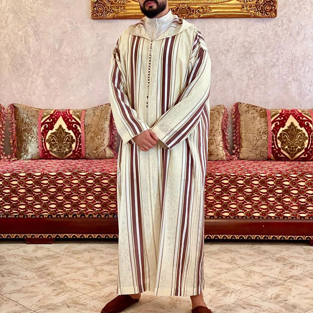 Eid Muslim Men Jubba Thobe Long Robe Saudi Islamic Striped Abaya Caftan ...