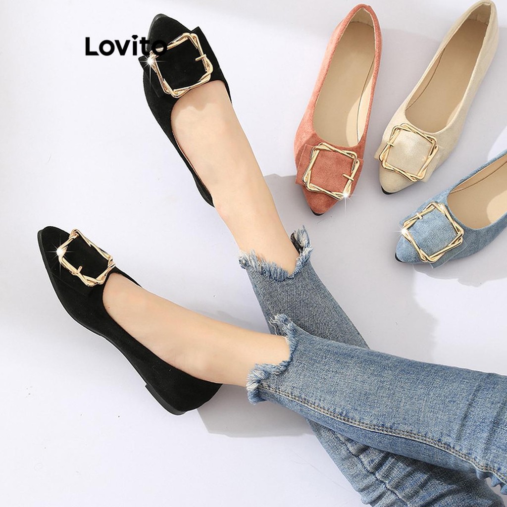 Lovito Elegant Plain Square Buckle Ballet Flats for Women LFA20380 ...