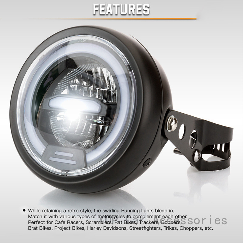 Motorcycle LED Headlight Universal Retro Motorcycle Headlamp Daytime ...