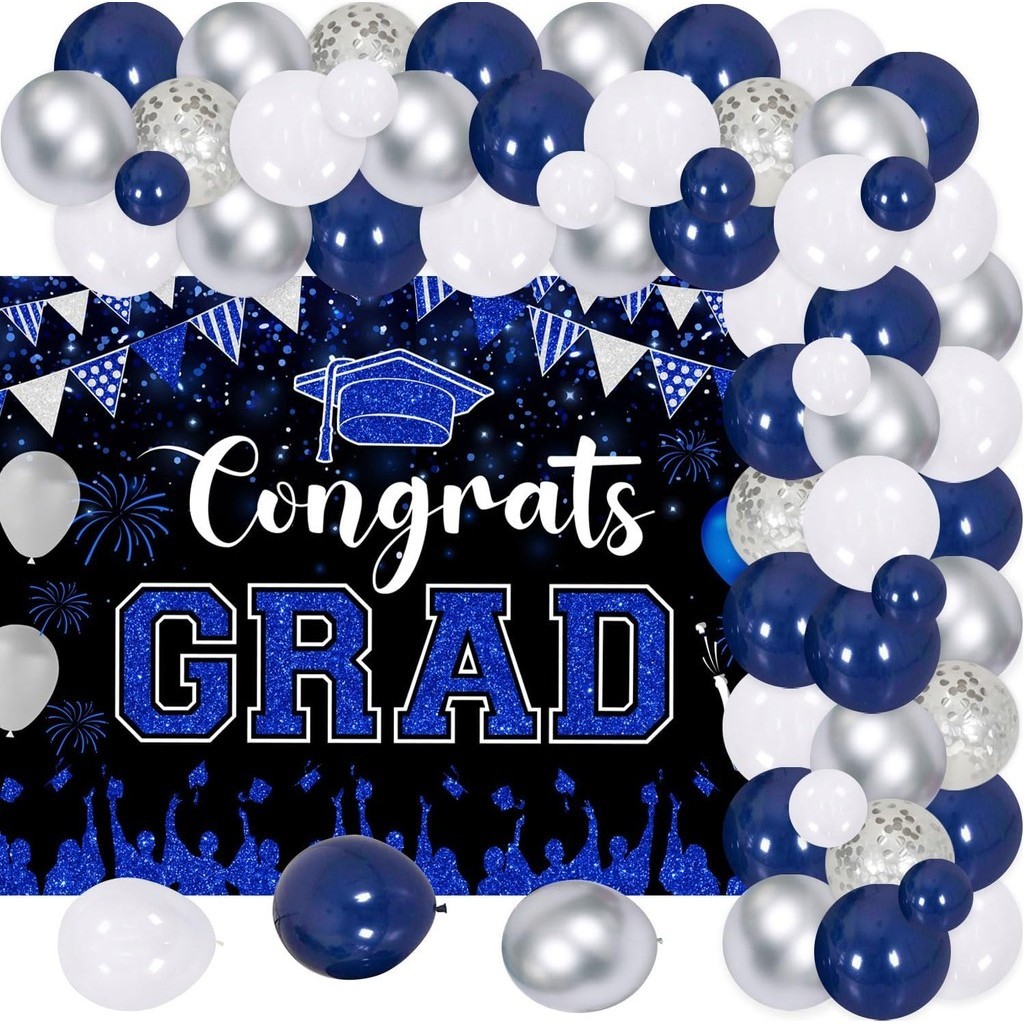 Jollyboom 73Pcs Congrats Grad Decorations 2024, Navy Blue and Silver Graduation Decor Congrats ...