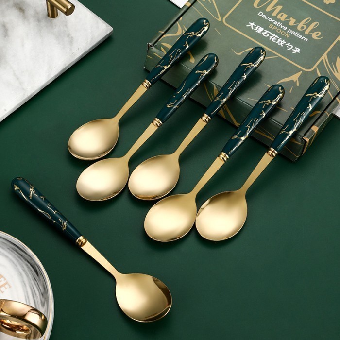 Spoon Set Fork Sumpi Plus Pouch 3in1 Marble Spoon Contains 6 Gold ...