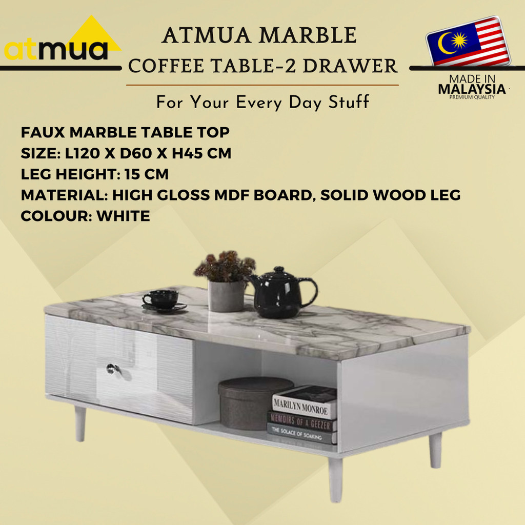 Atmua Marble Coffee Table with 2 Drawer Faux Marble Table Top Meja Kopi ...