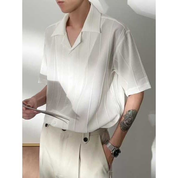 baju lelaki baju kemeja lelaki British Yuppie Style Cuban Collar Ice Silk Short-Sleeved Shirt ...