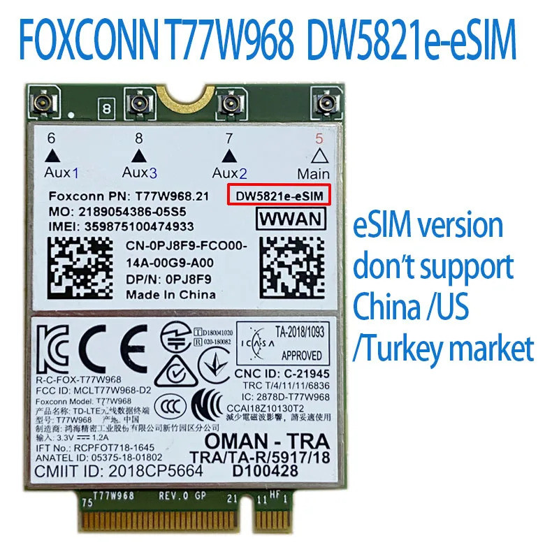 Foxconn T77W968 LTE Cat16 GNSS 5G WWAN Card DW5821e DW5821e-eSIM for ...