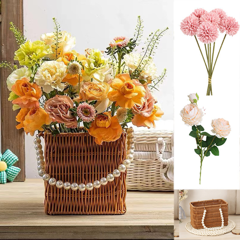 Pearl Hand-held Flower Basket Fresh Flower Basket Rattan Plastic Woven ...