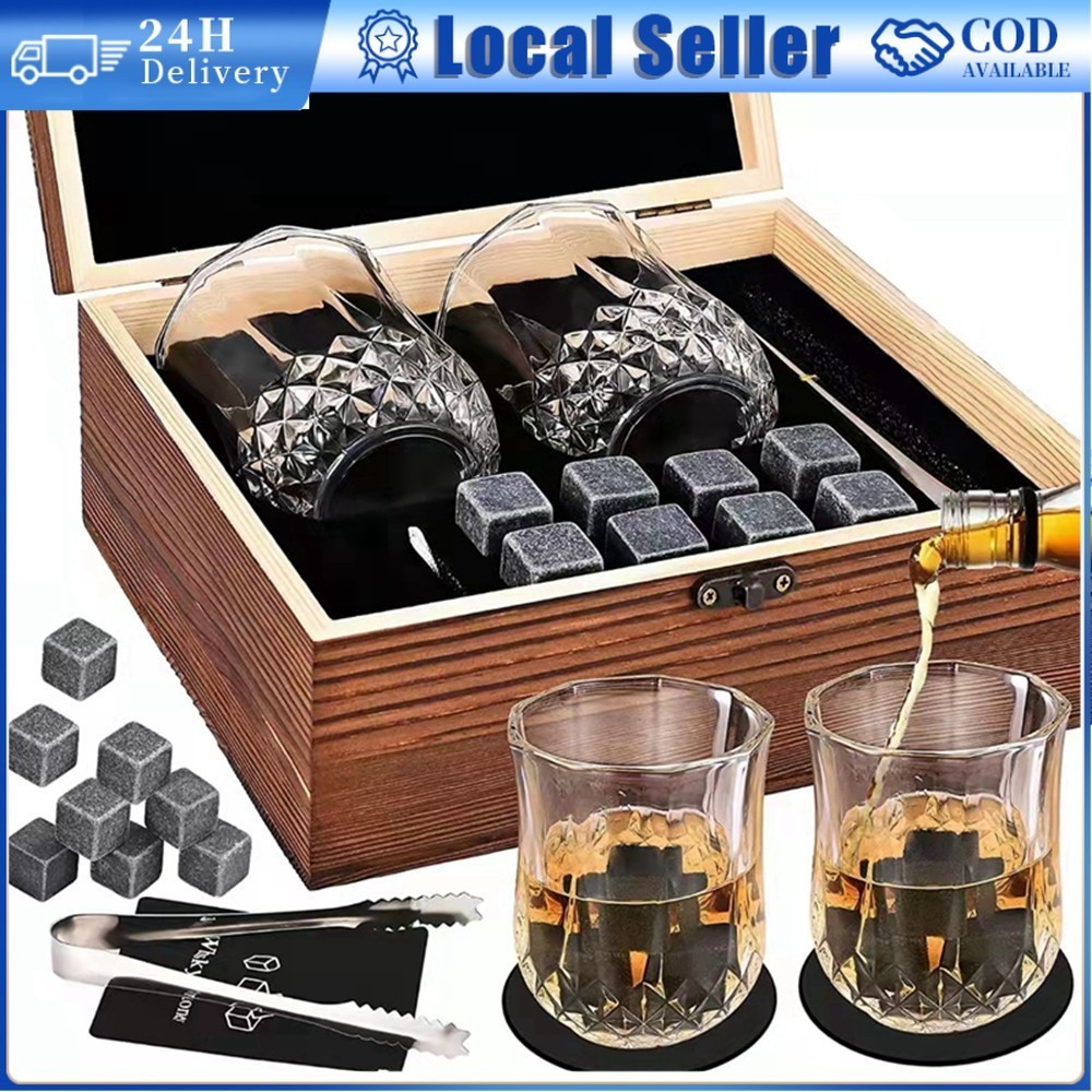 "Whiskey Glass Set with Reusable Cubes Granite Whisky Rocks Wooden Box ...