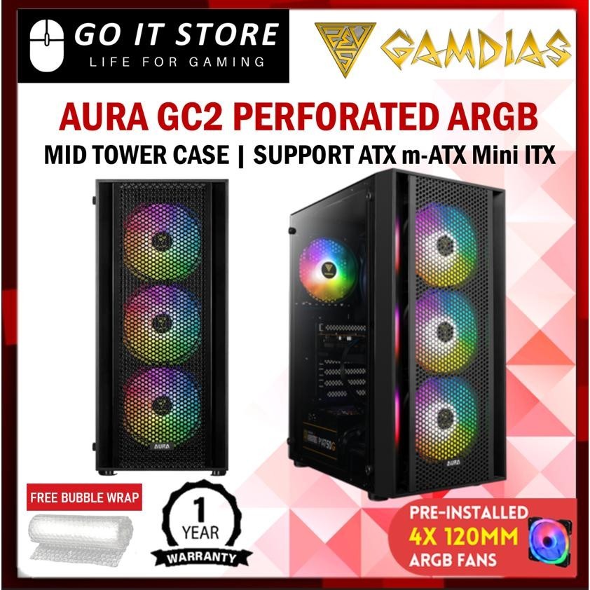 GAMDIAS AURA GC2 Perforated ARGB Tempered Glass Mid Tower Gaming PC ...