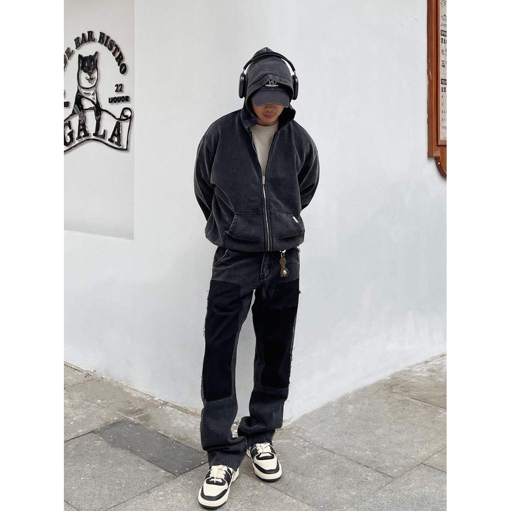 Heavy 500g REPRESENT Washed Distressed Zipper Sweatshirt Wide Short ...