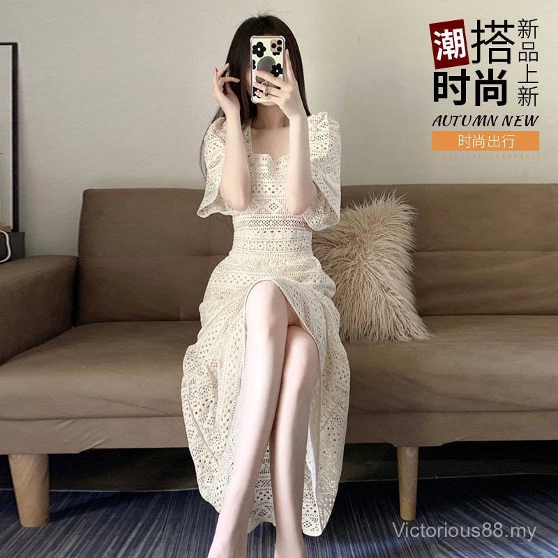 Yujie Classy Hollow Dress 2024 Summer French Style Square Neck New ...