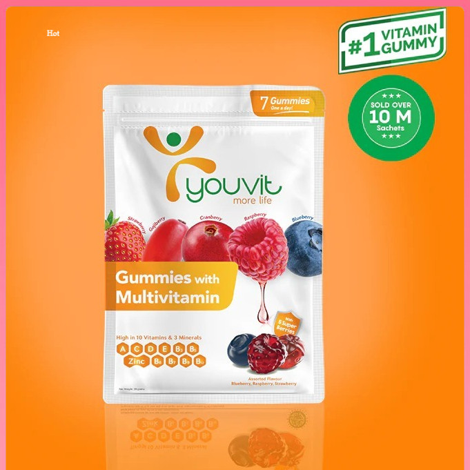 Youvit Adults Multivitamin Gummy 7 Days (7's ) dengan Vitamin C, Vitamin D, Zink & Superberries ...
