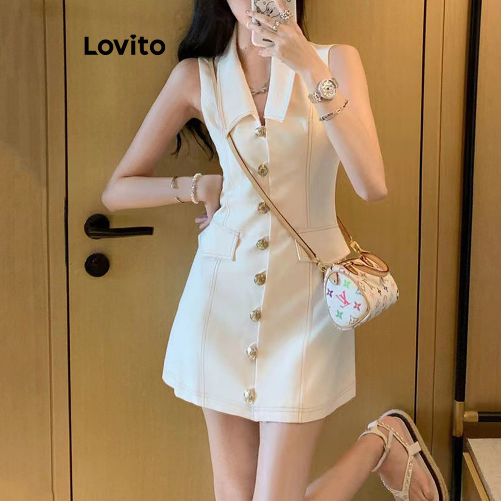 Lovito Elegant Plain Button Front Fake Pocket Dress for Women LNE43537 ...