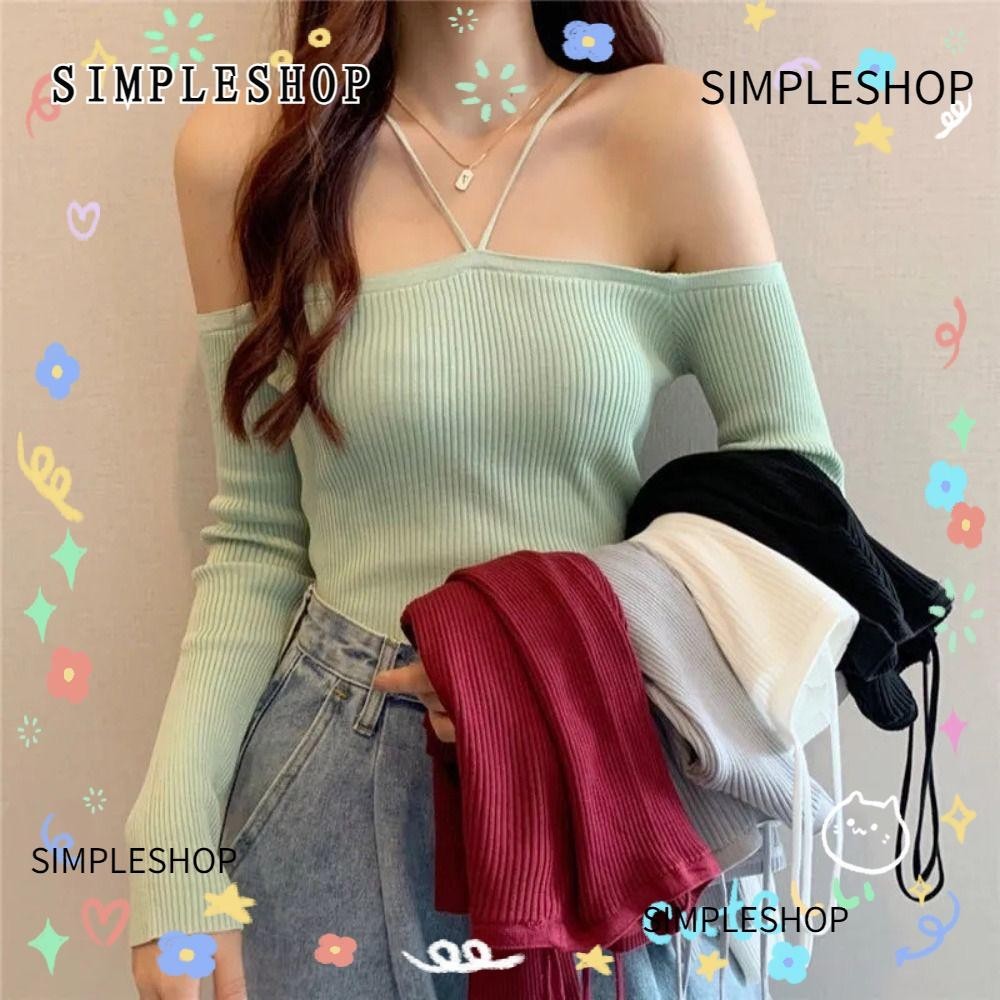 SIMPLESHOP Boat Neck Top, Halter Slim Fitting Women Top, INS Kintted Cross Sling Shoulder Shirt ...